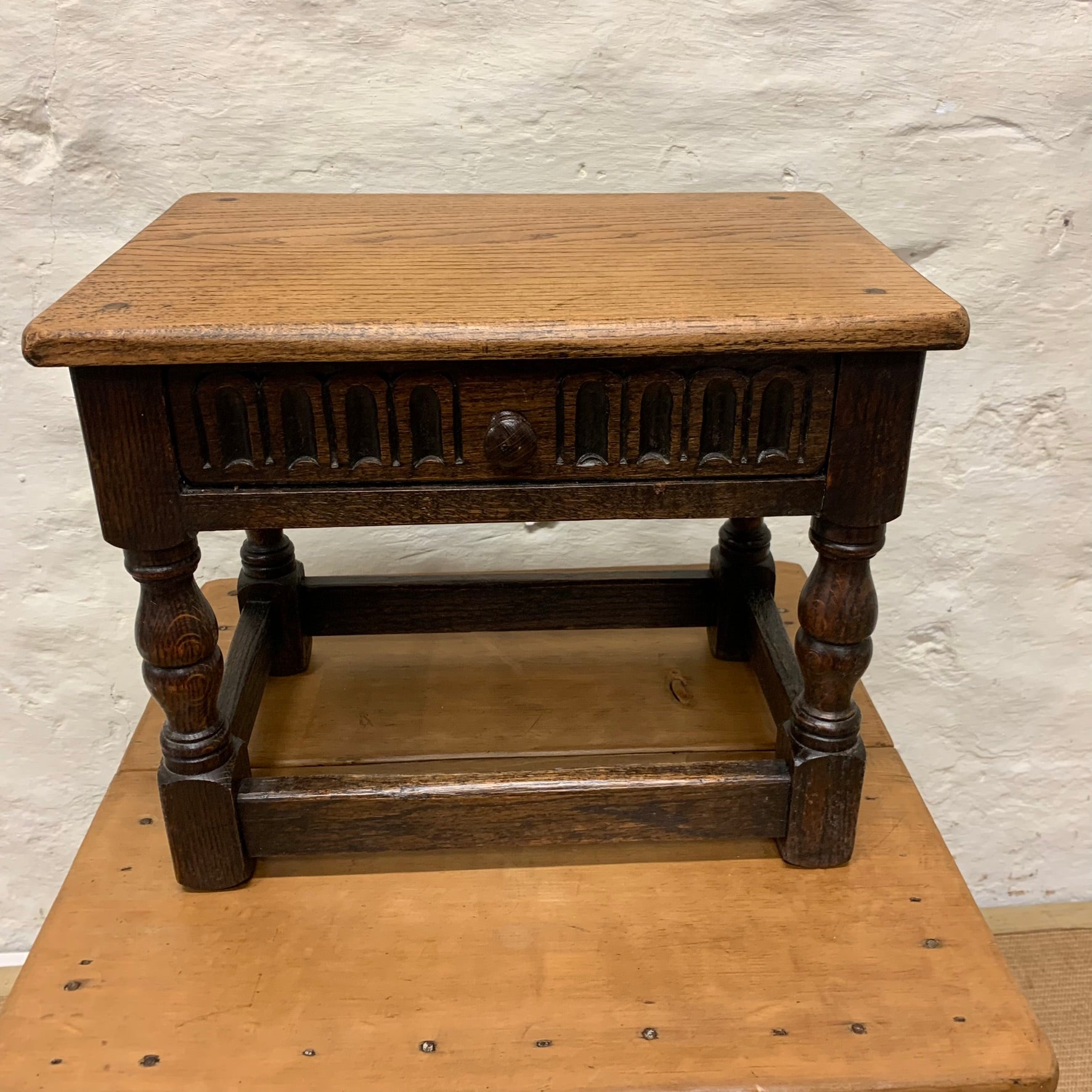 A Solid Oak Stool with Drawer – Red Schoolhouse Antiques
